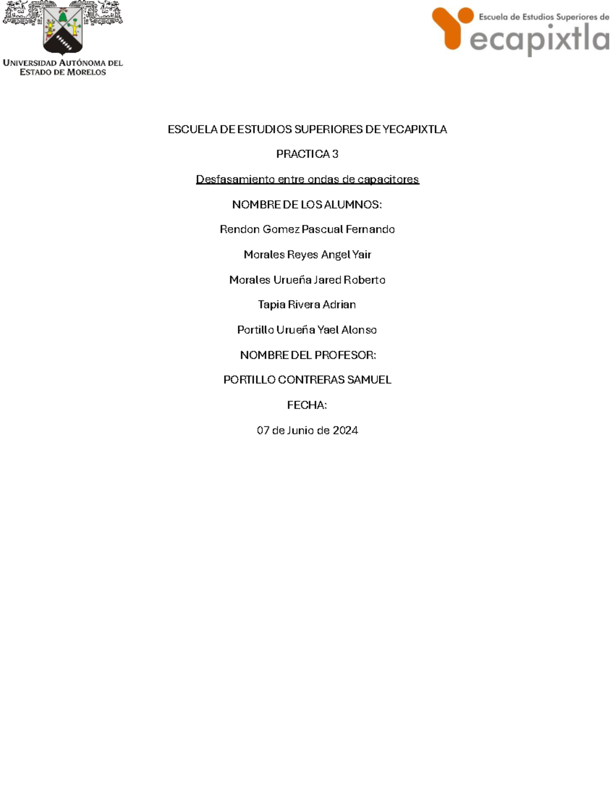 Practica 3 desfasamiento - ESCUELA DE ESTUDIOS SUPERIORES DE YECAPIXTLA ...