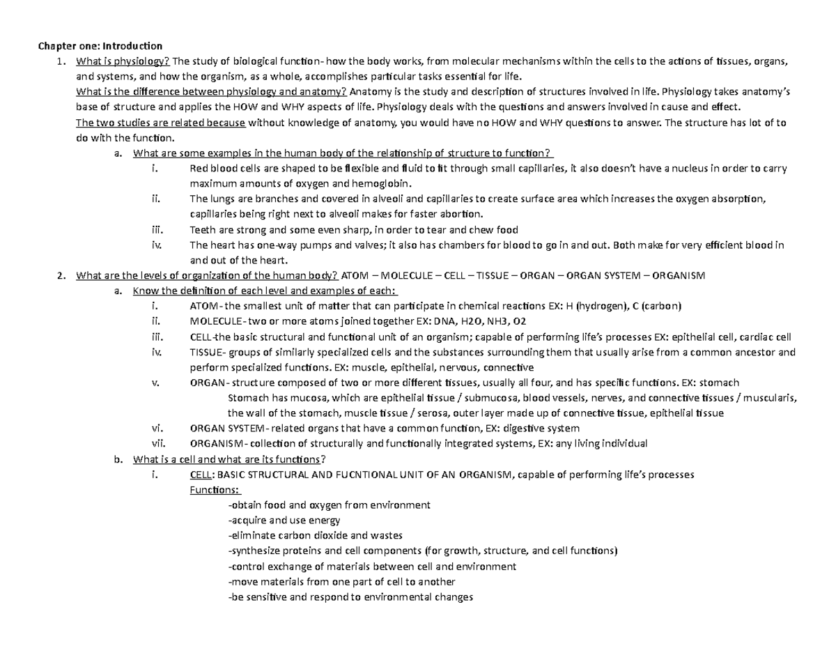 Exam One Study Guide - Chapter one: Introduction 1. What is physiology ...