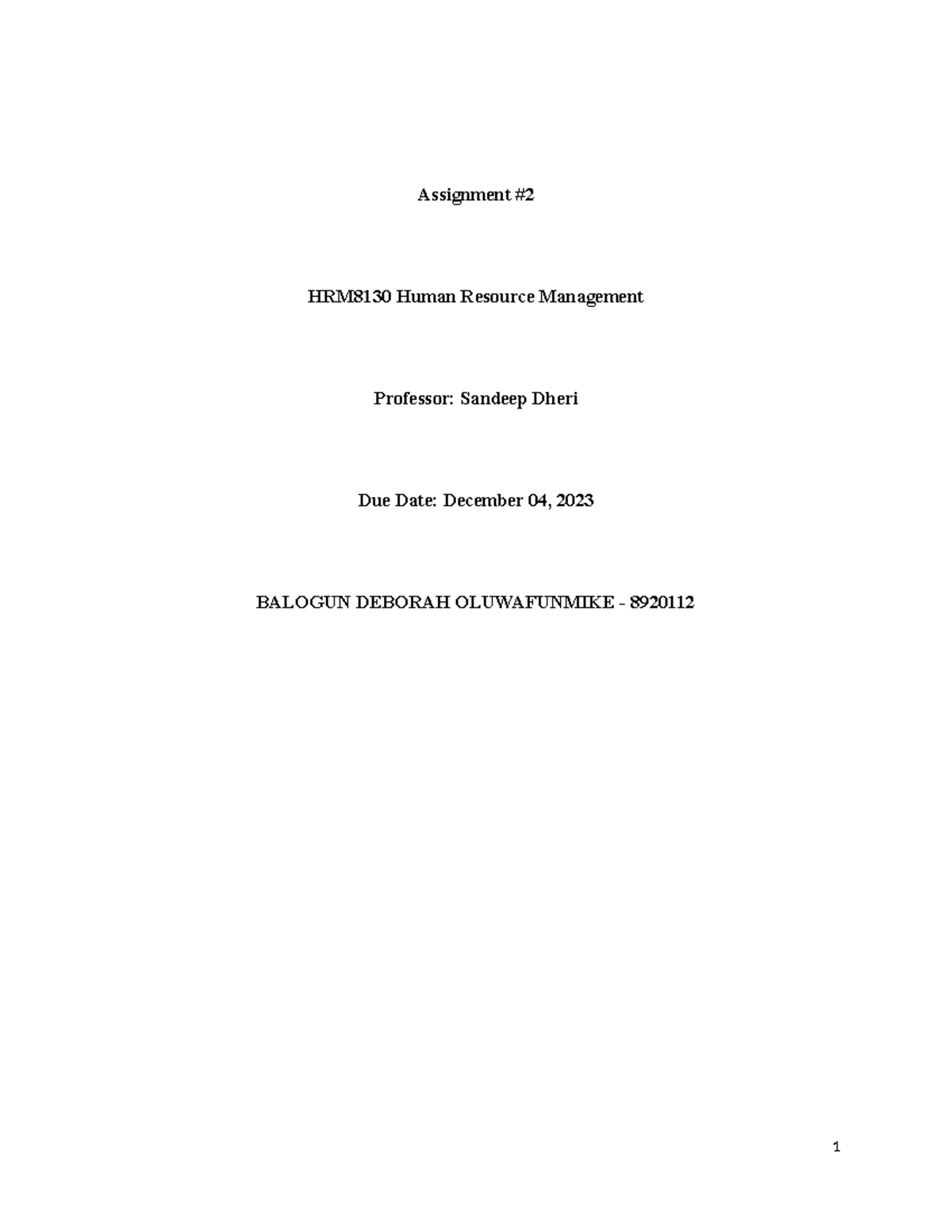 HRMT Assignment 2 - Assignment # HRM8130 Human Resource Management ...