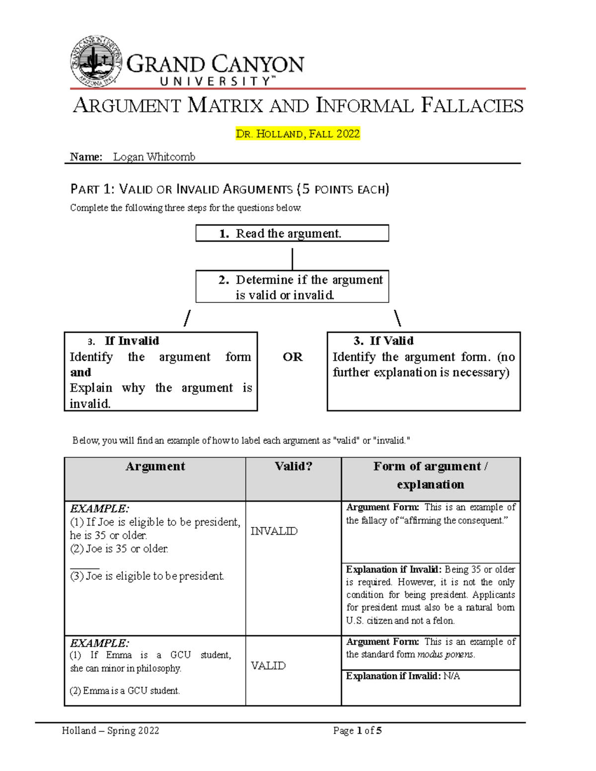 PHI- T1 Argument worksheet - ARGUMENT MATRIX AND INFORMAL FALLACIES DR. HOLLAND, FALL 2022 Name ...