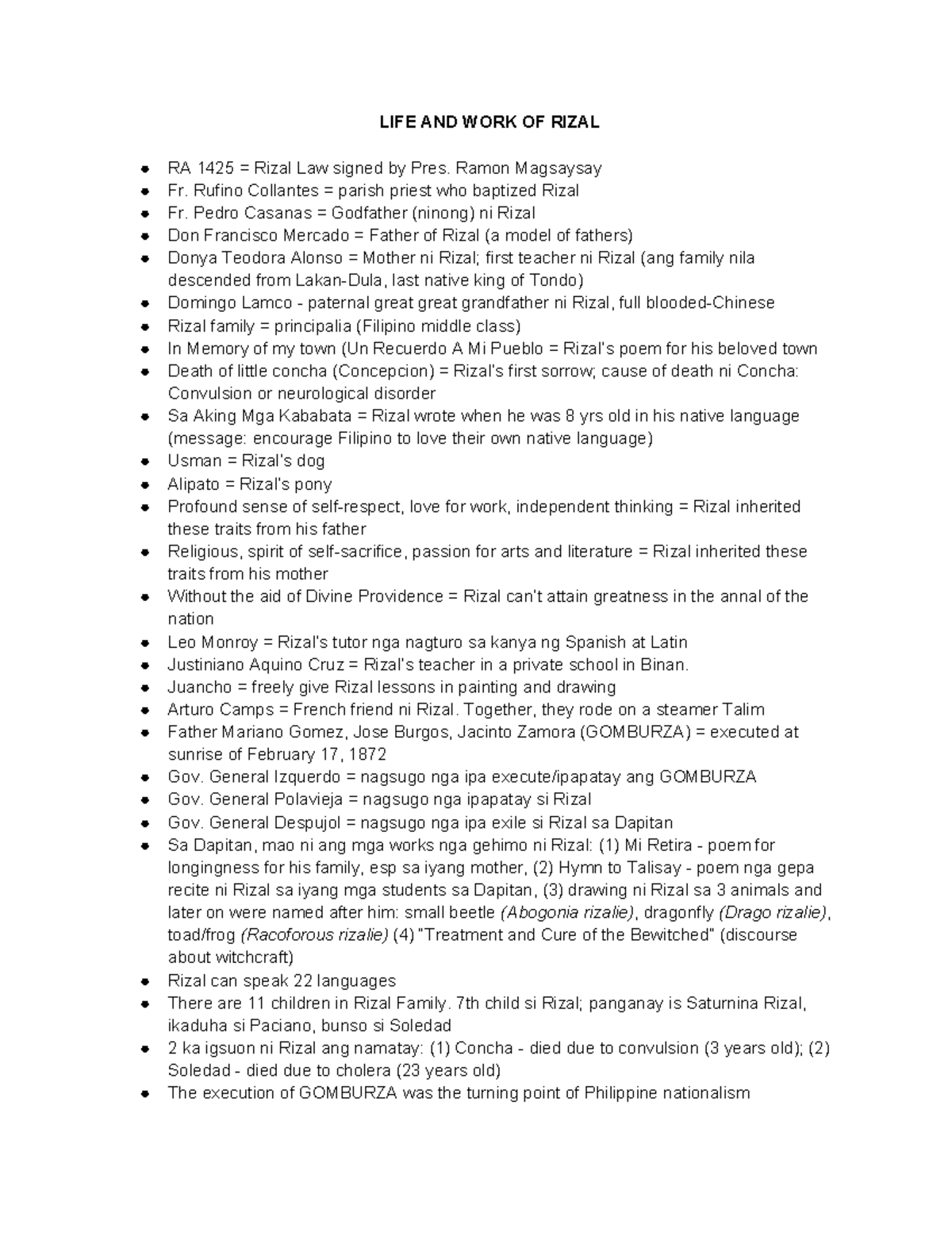 Life and Works of Rizal - LIFE AND WORK OF RIZAL RA 1425 = Rizal Law ...