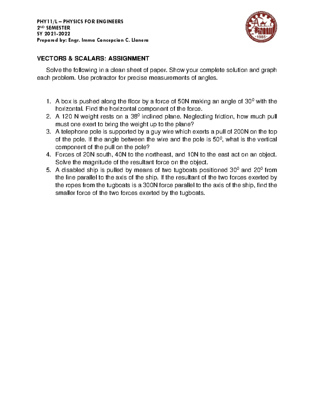Vectors AND Scalars Assignment - Education - PSU - Studocu