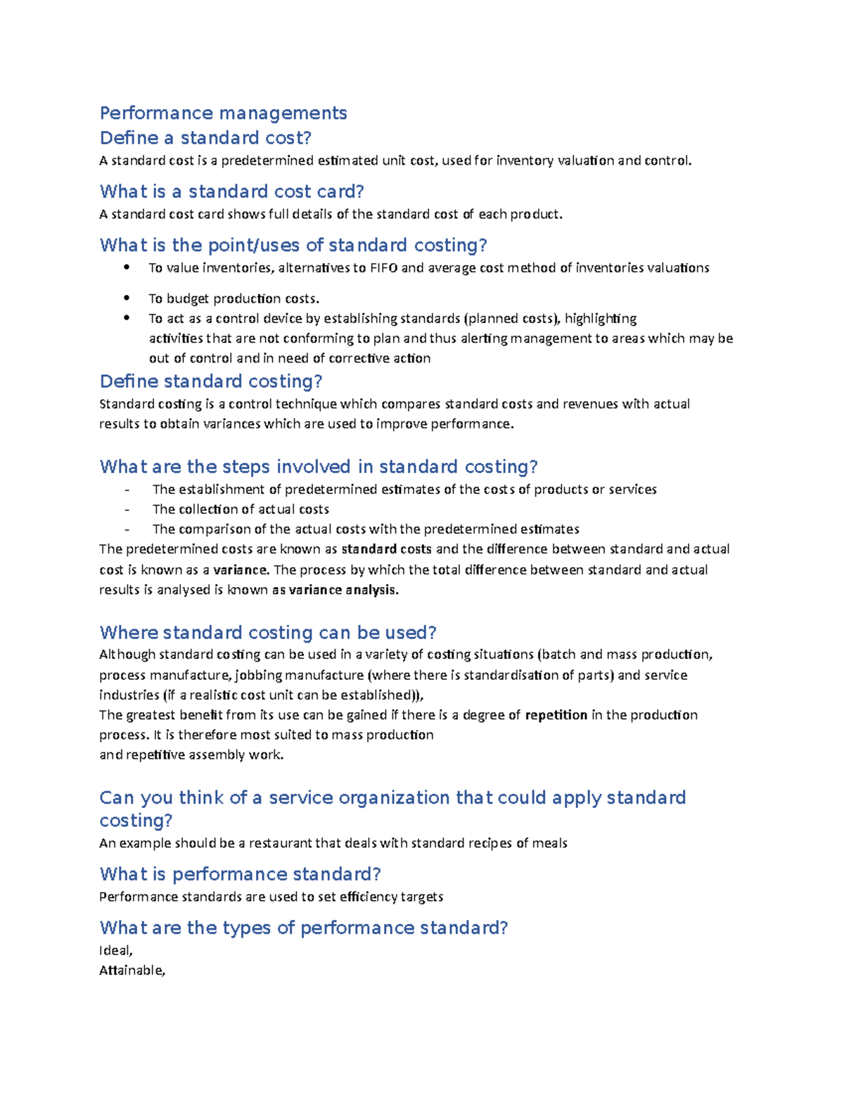Standard costing - Lecture notes 12 - Performance managements Define a ...