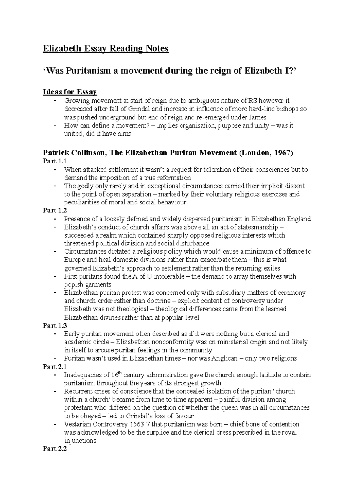 Essay Notes - Was Puritanism a Movement during the Reign of Elizabeth I ...