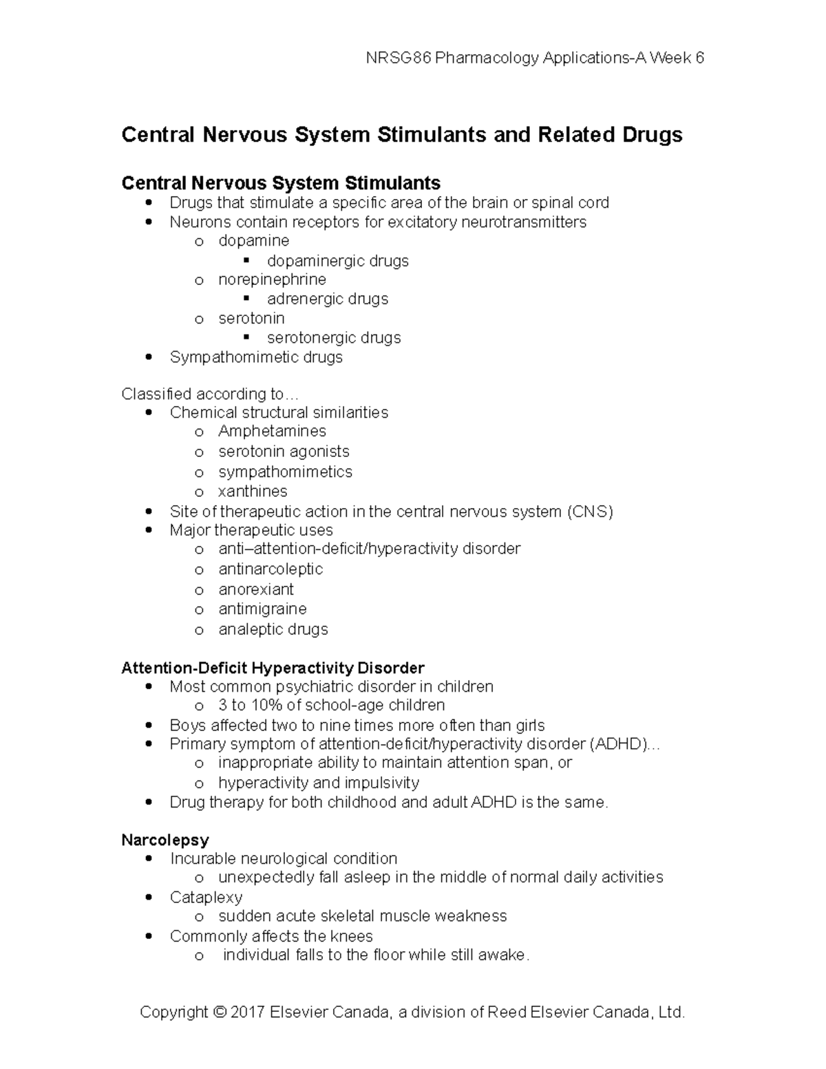 NRSG86 Week 6 Student Notes - Central Nervous System Stimulants and ...