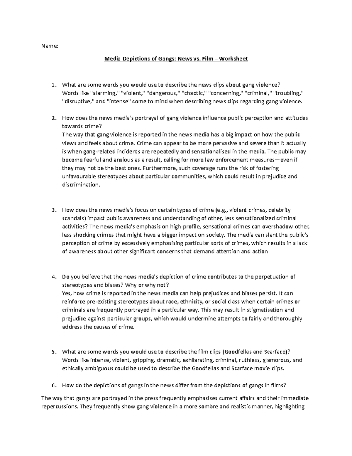 Media Depictions of Gangs News vs. Film – Worksheet - Name: Media ...