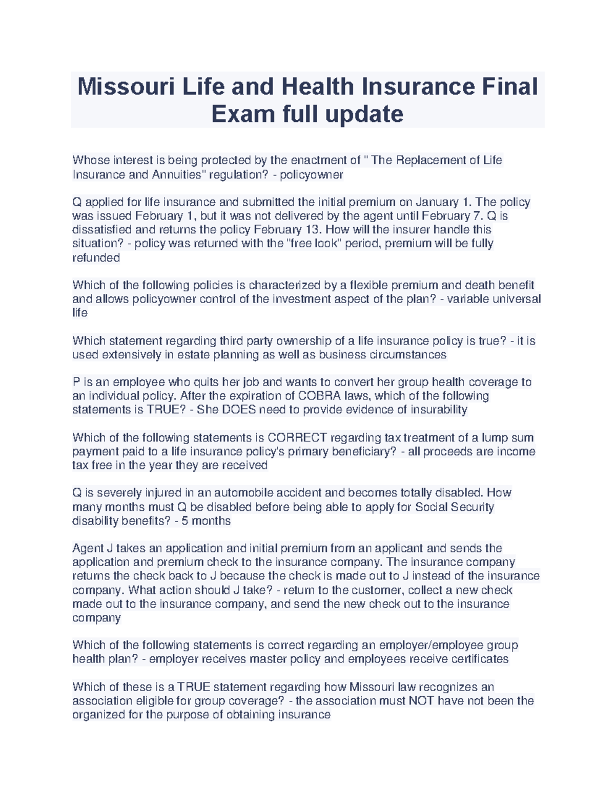 Missouri Life and Health Insurance Final Exam full update - Missouri ...