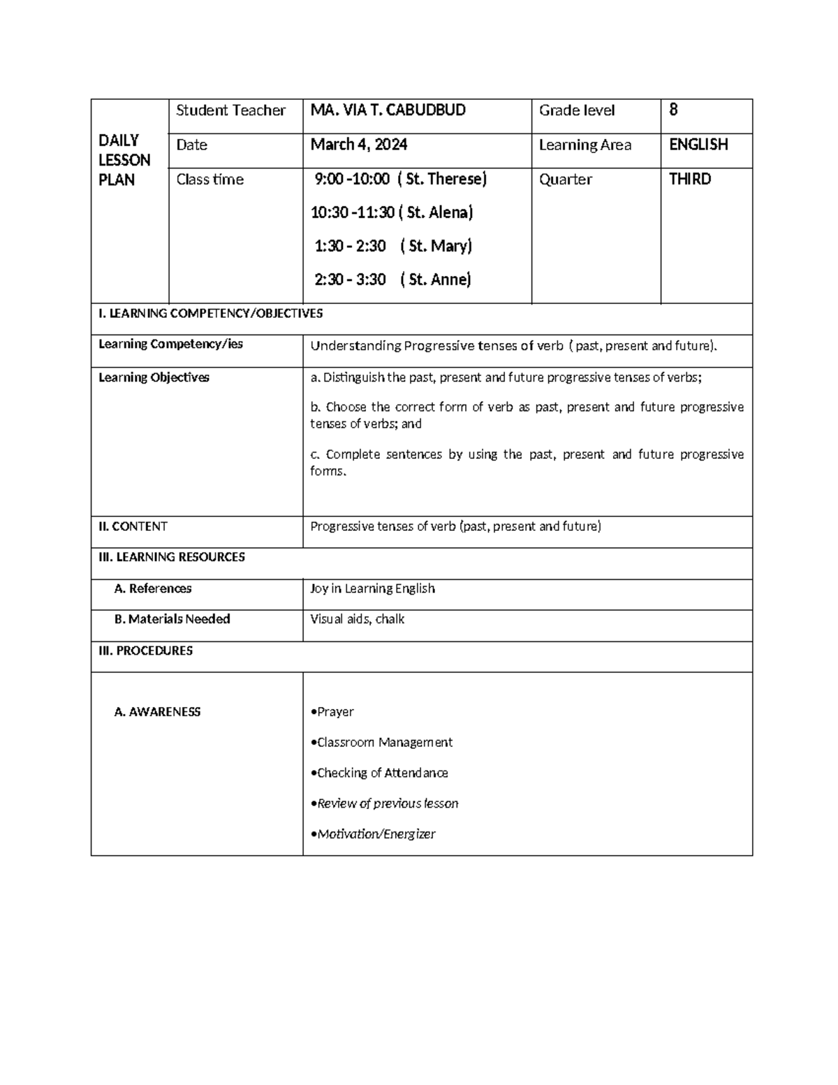 Daily- Lesson-Plan5 - DAILY LESSON PLAN Student Teacher MA. VIA T ...