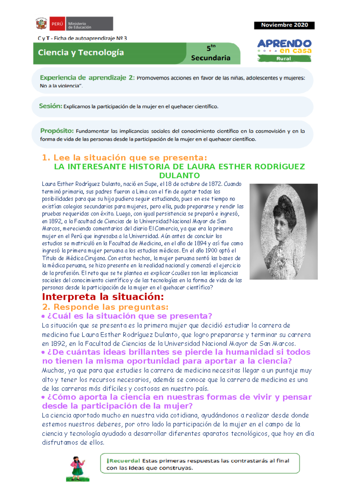 Cyt-33-LA INTERESANTE HISTORIA DE LAURA ESTHER RODRÍGUEZ DULANTO - 1. Lee la situación que se ...