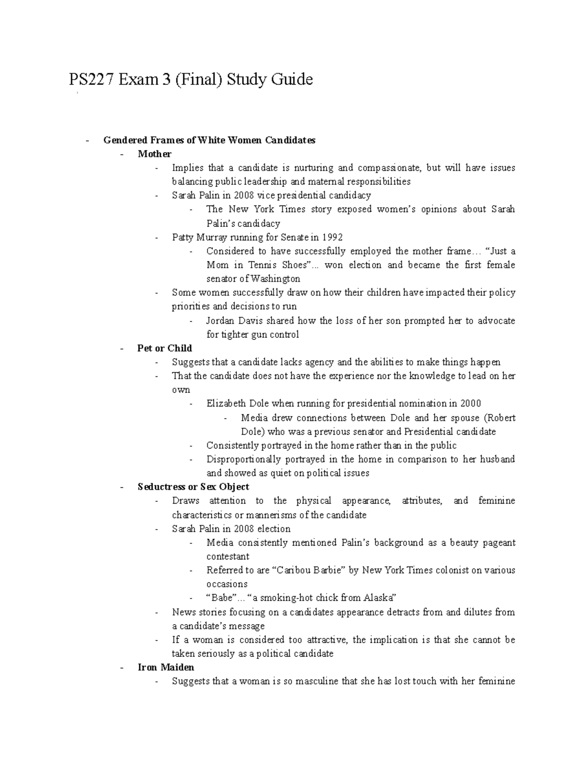 PS227 Exam 3(Final) Study Guide - PS227 Exam 3 (Final) Study Guide Gendered Frames of White ...