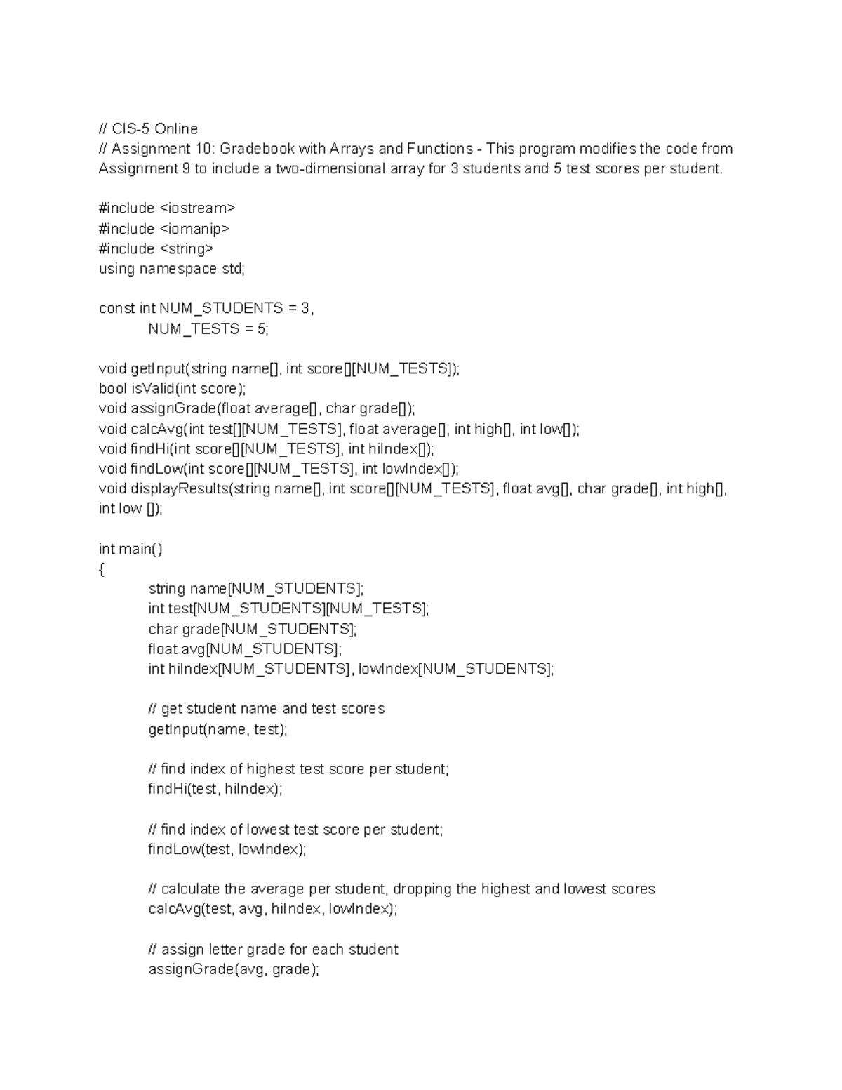 Assignment 10 Student Solution - Gradebook Functions - // CIS-5 Online // Assignment 10 ...