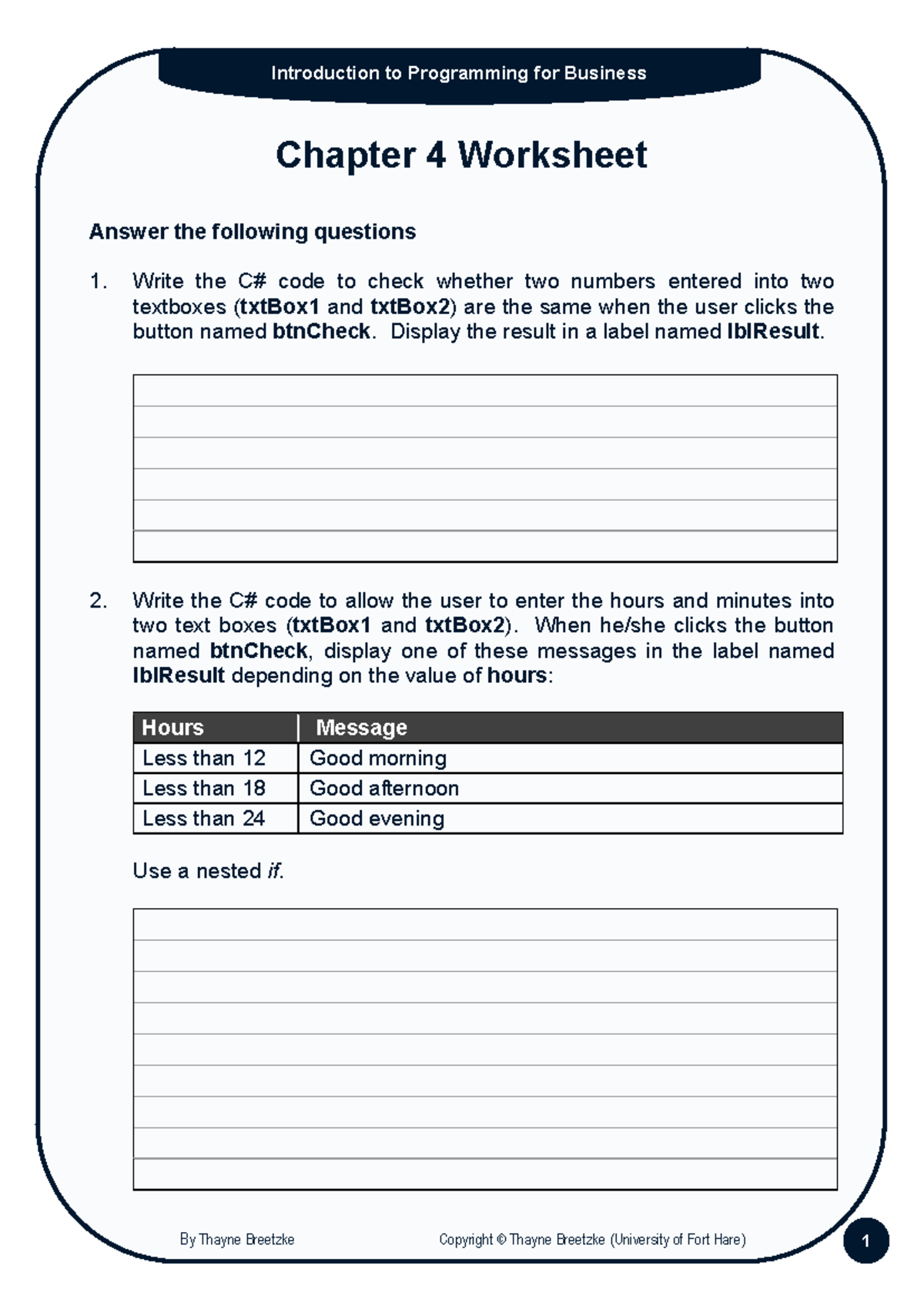 Worksheet (Chp 4) - By Thayne Breetzke Copyright © Thayne Breetzke ...