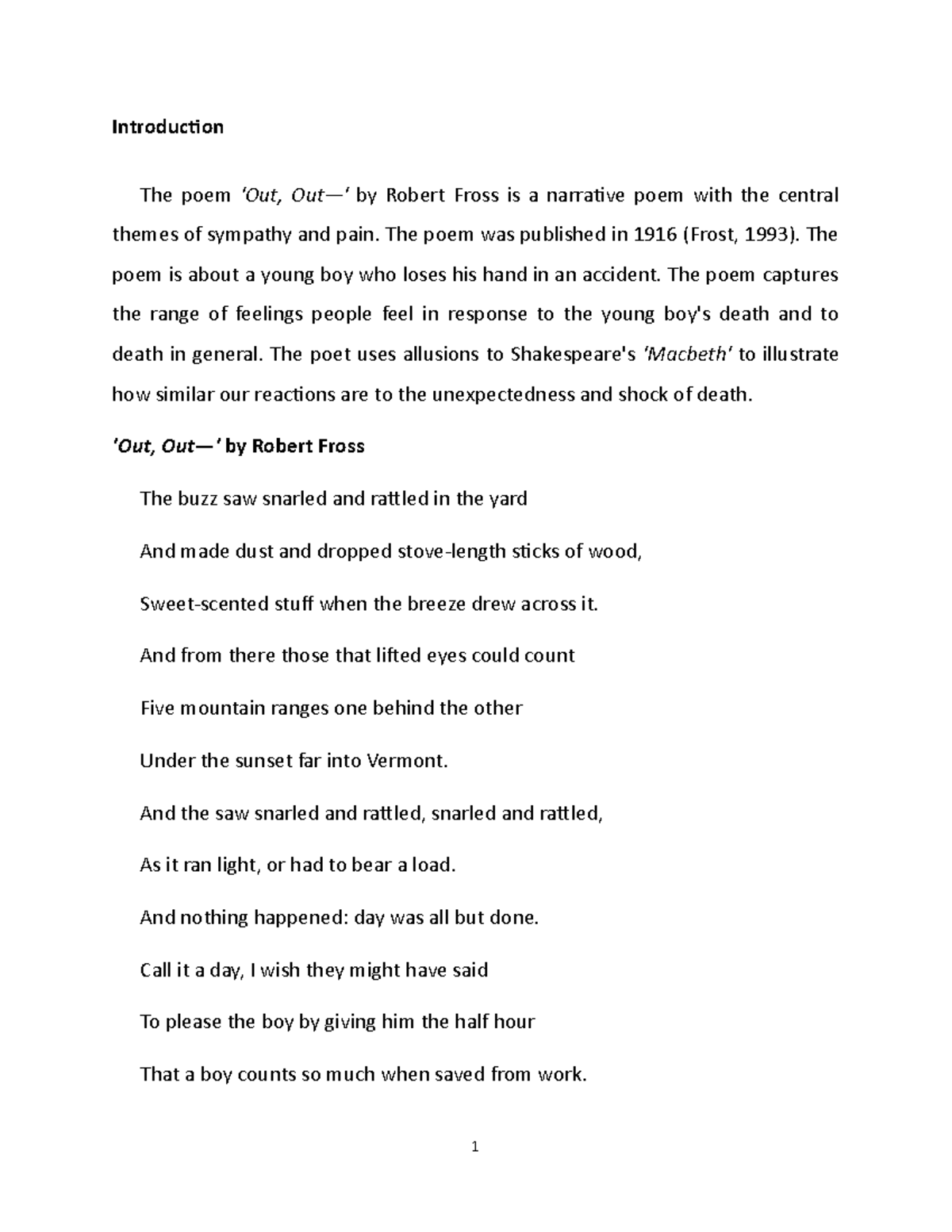 Out out by robert frost - Introduction The poem 'Out, Out—' by Robert ...