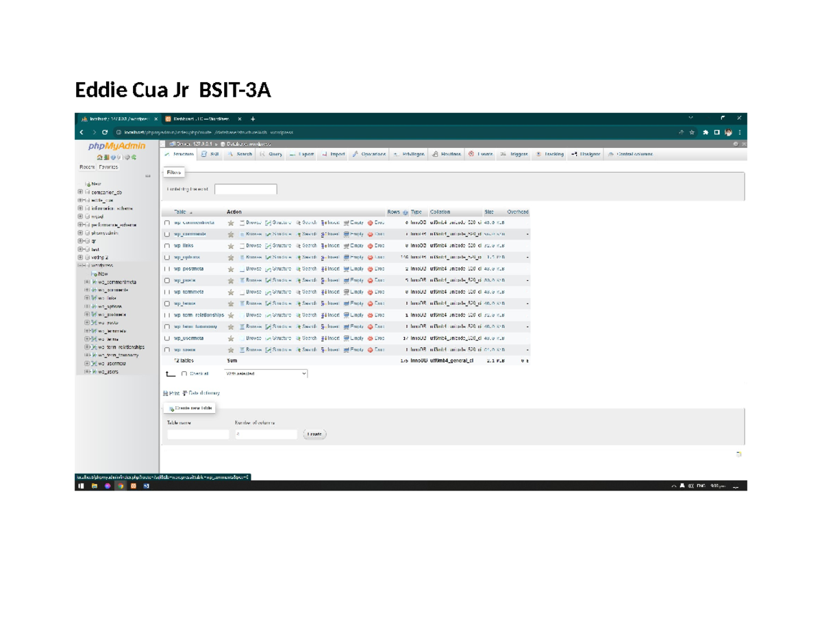 Bsit 3a - Eddie Cua Jr 127.0.0 wordpres Dashboard ED WordPress x ...