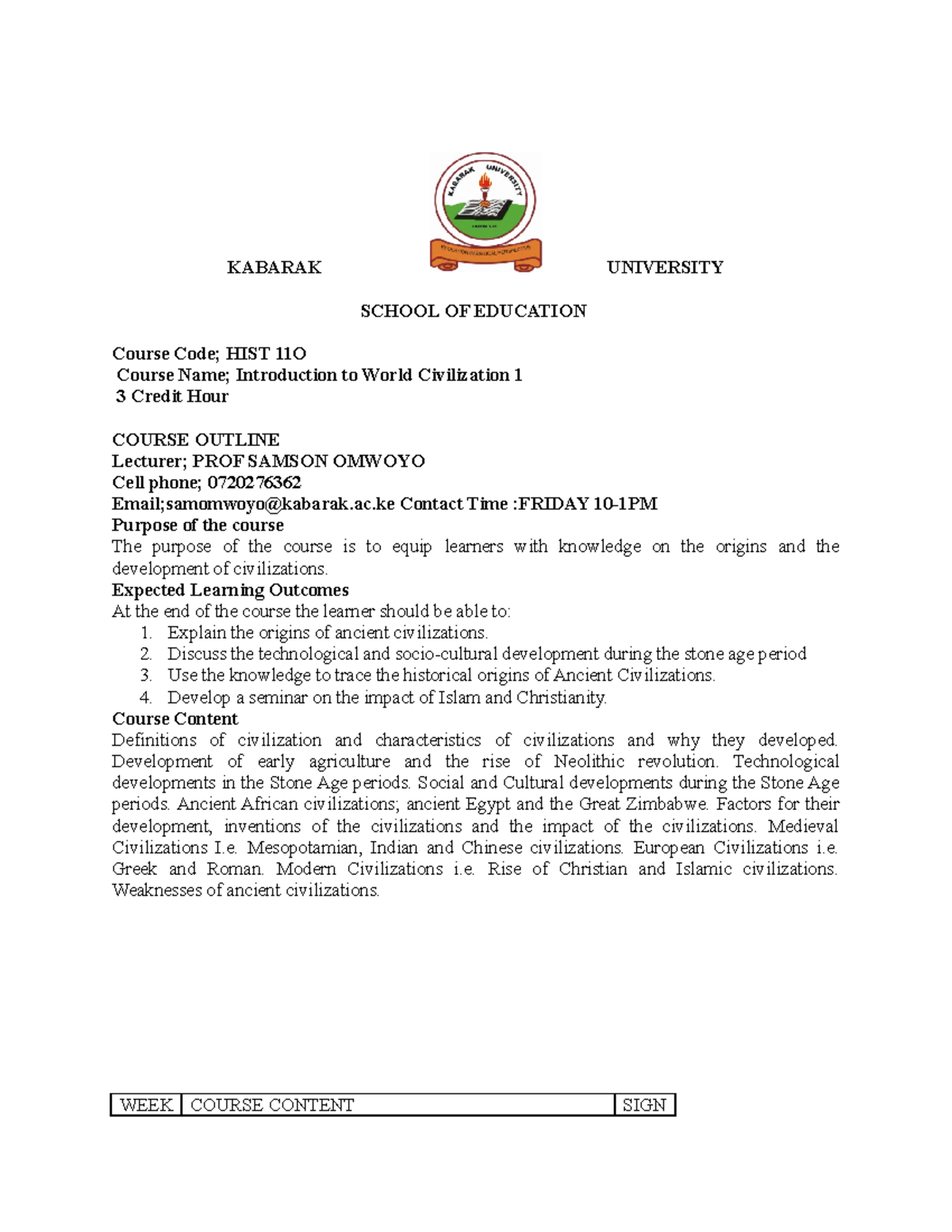 Course outline - Fasihi - KABARAK UNIVERSITY SCHOOL OF EDUCATION Course ...