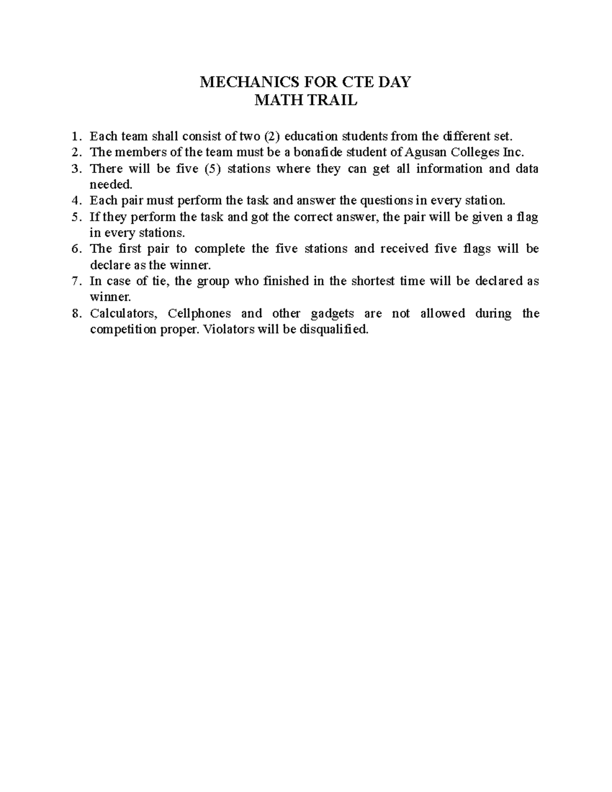 Math Trail - MECHANICS FOR CTE DAY MATH TRAIL Each team shall consist ...