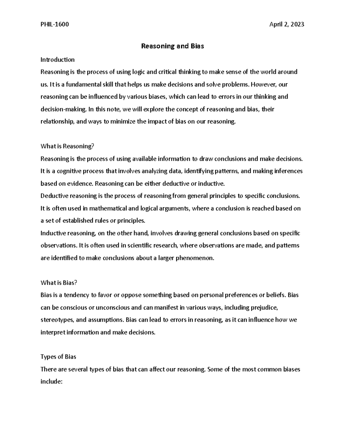 Reasoning and bias - PHIL-1600 April 2, 2023 Reasoning and Bias ...