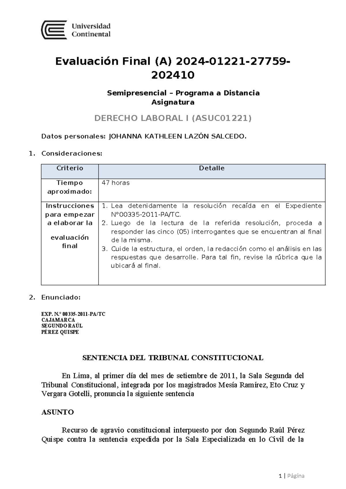 Examen Final Derecho Laboral - Evaluación Final (A) 2024-01221-27759- 202410 Semipresencial ...