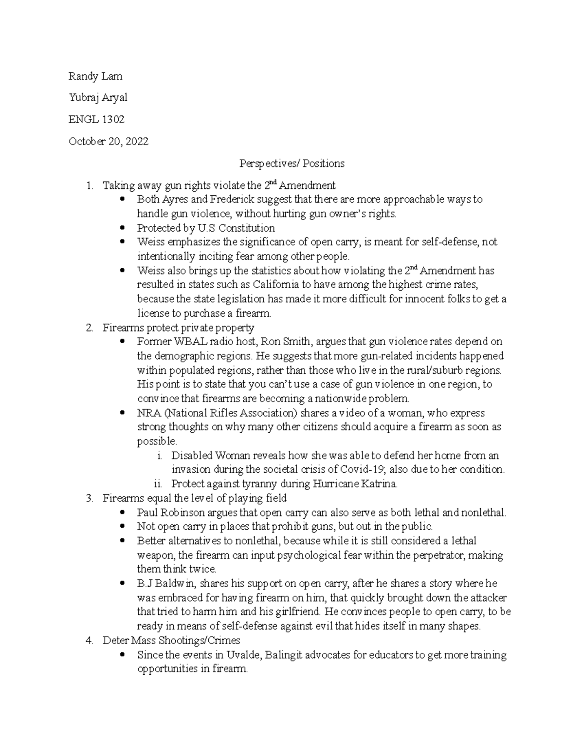 Rough Draft OF Position Perspective - Randy Lam Yubraj Aryal ENGL 1302 ...