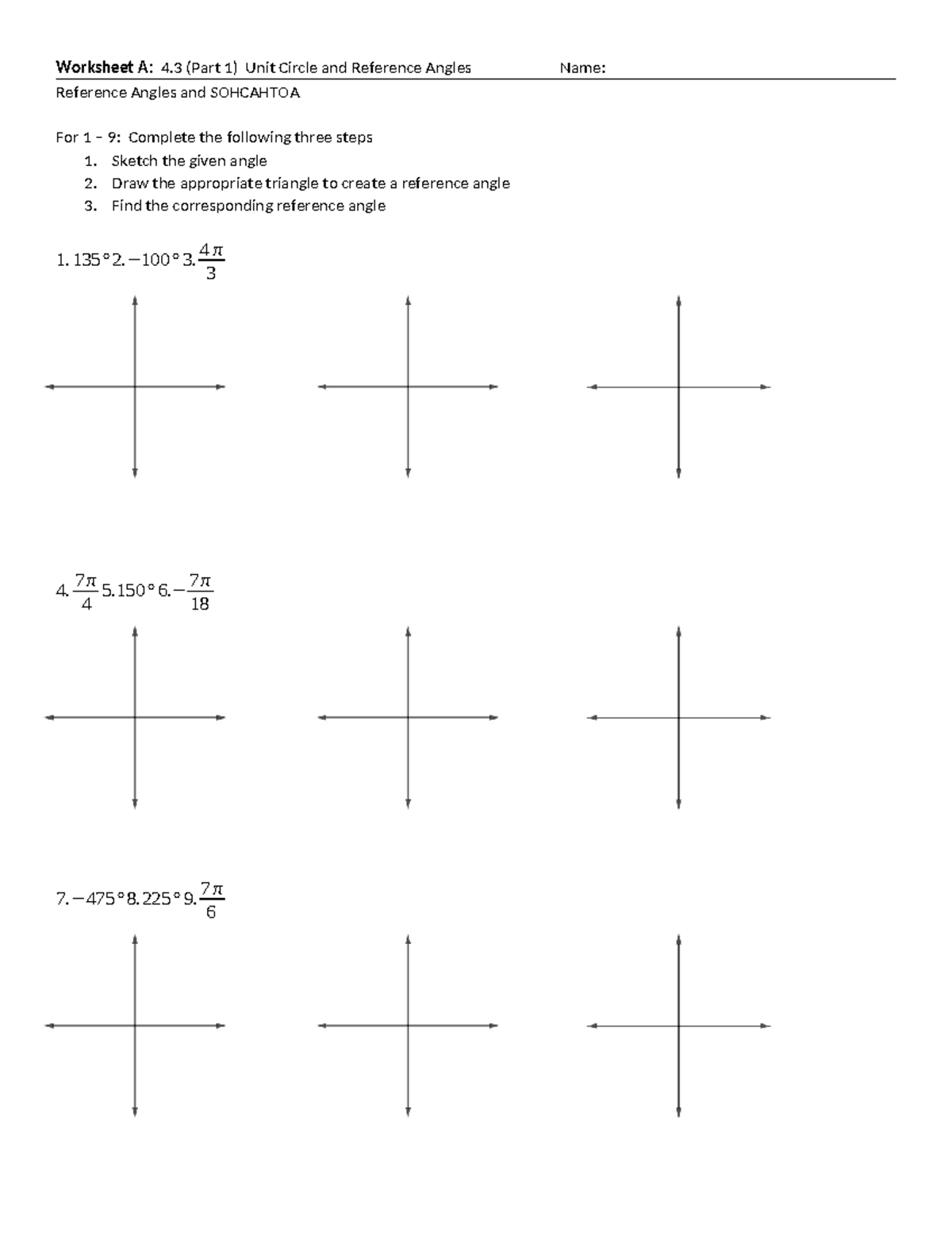 Worksheet A 4.3 Reference Angles + Trig with Coordinates - High School ...