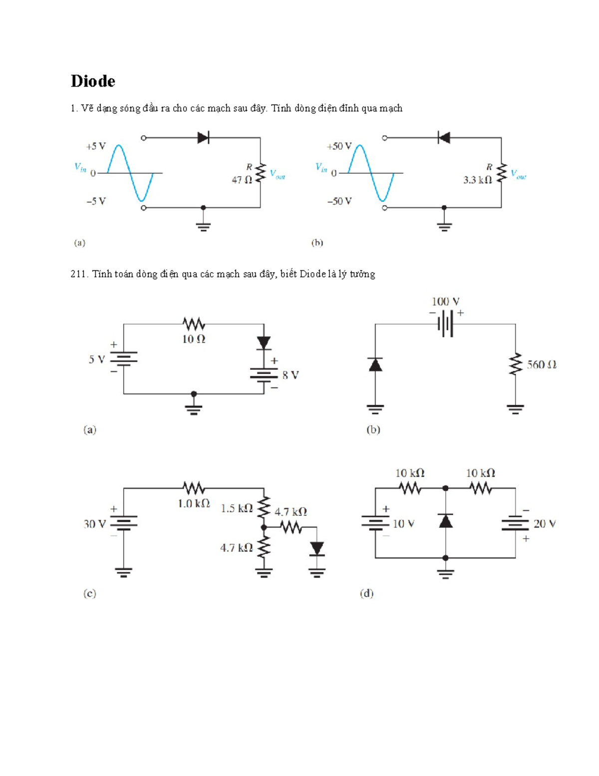 Bài tập Diode - Writing - Diode Vẽ dạng sóng đầu ra cho các mạch sau ...