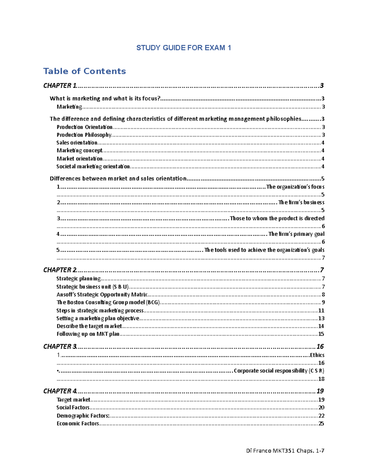 Study Guide for Exam 1 ODF 1-7 - Table of Contents CHAPTER - Studocu
