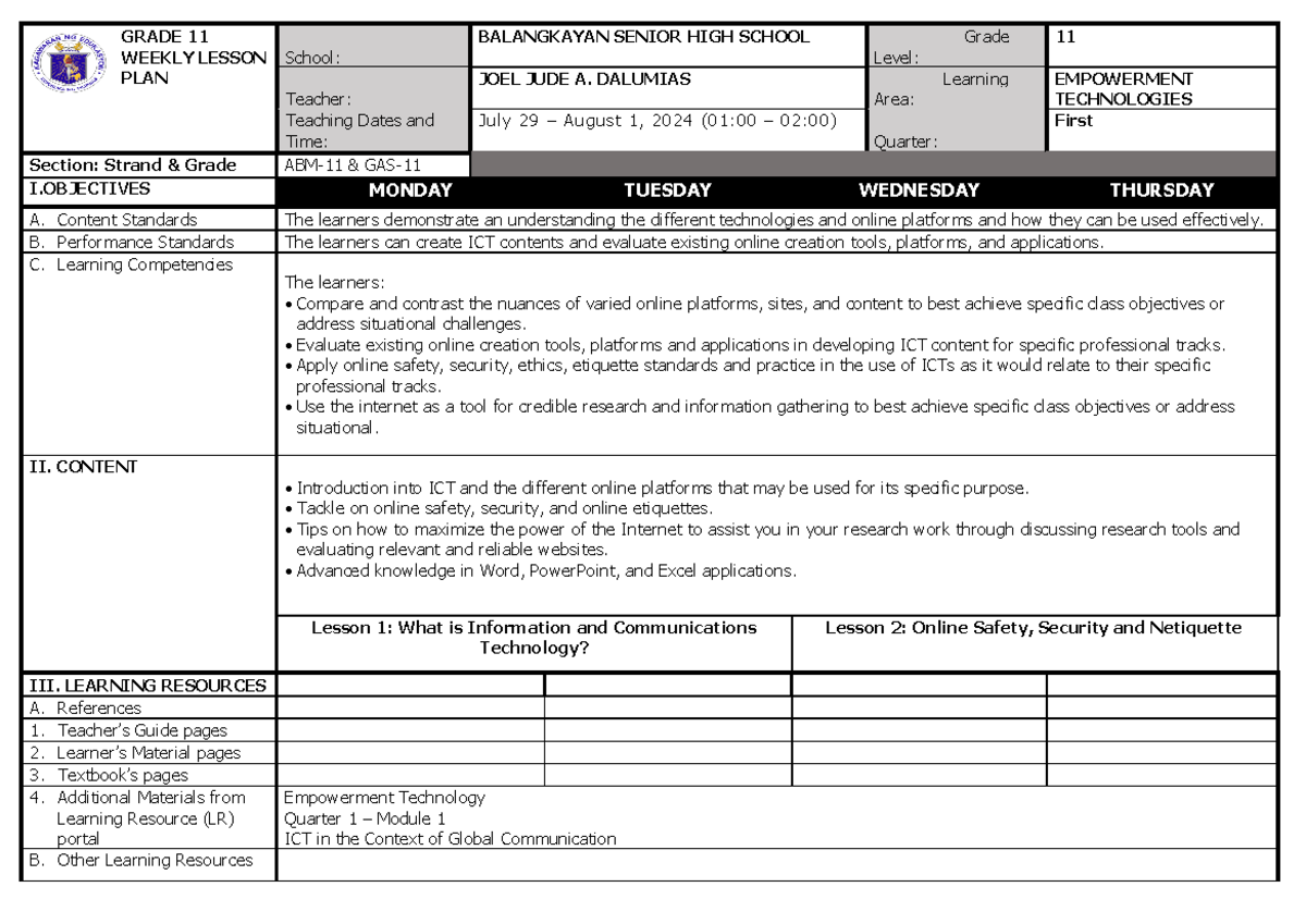 Lesson Plan ET Q1 - Week 1 - GRADE 11 WEEKLY LESSON PLAN School ...