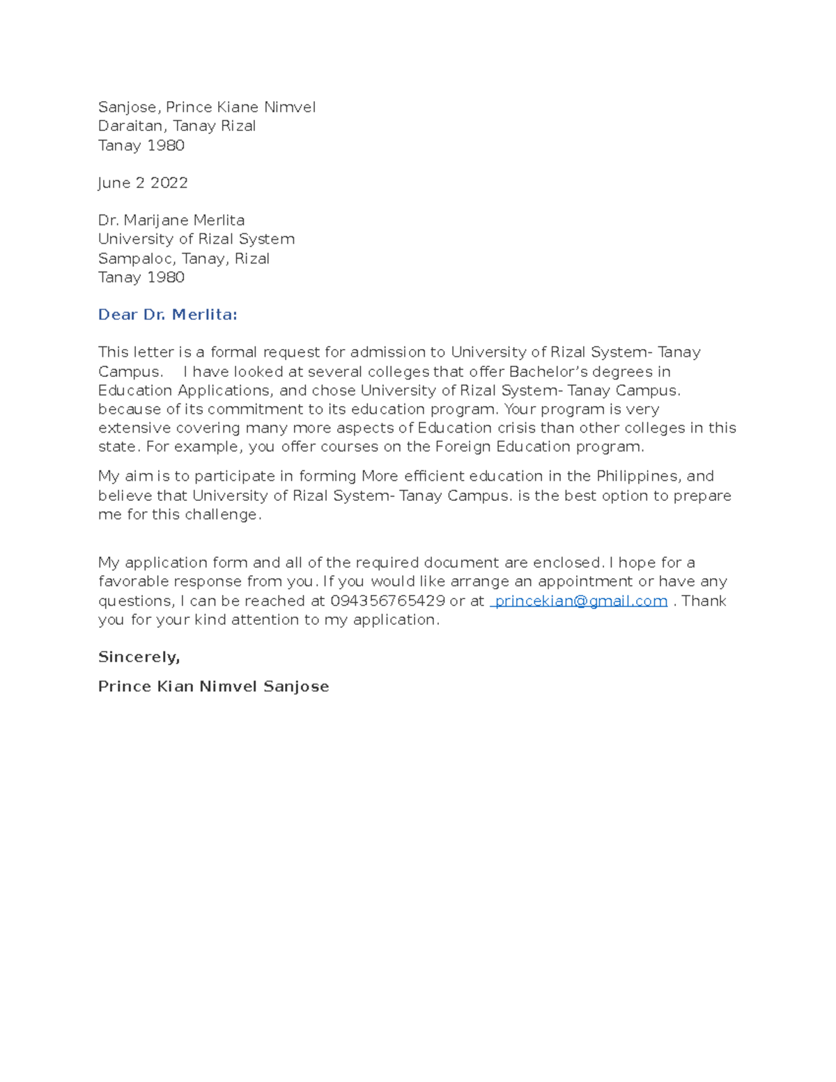 College letter-Kian - Sanjose, Prince Kiane Nimvel Daraitan, Tanay ...