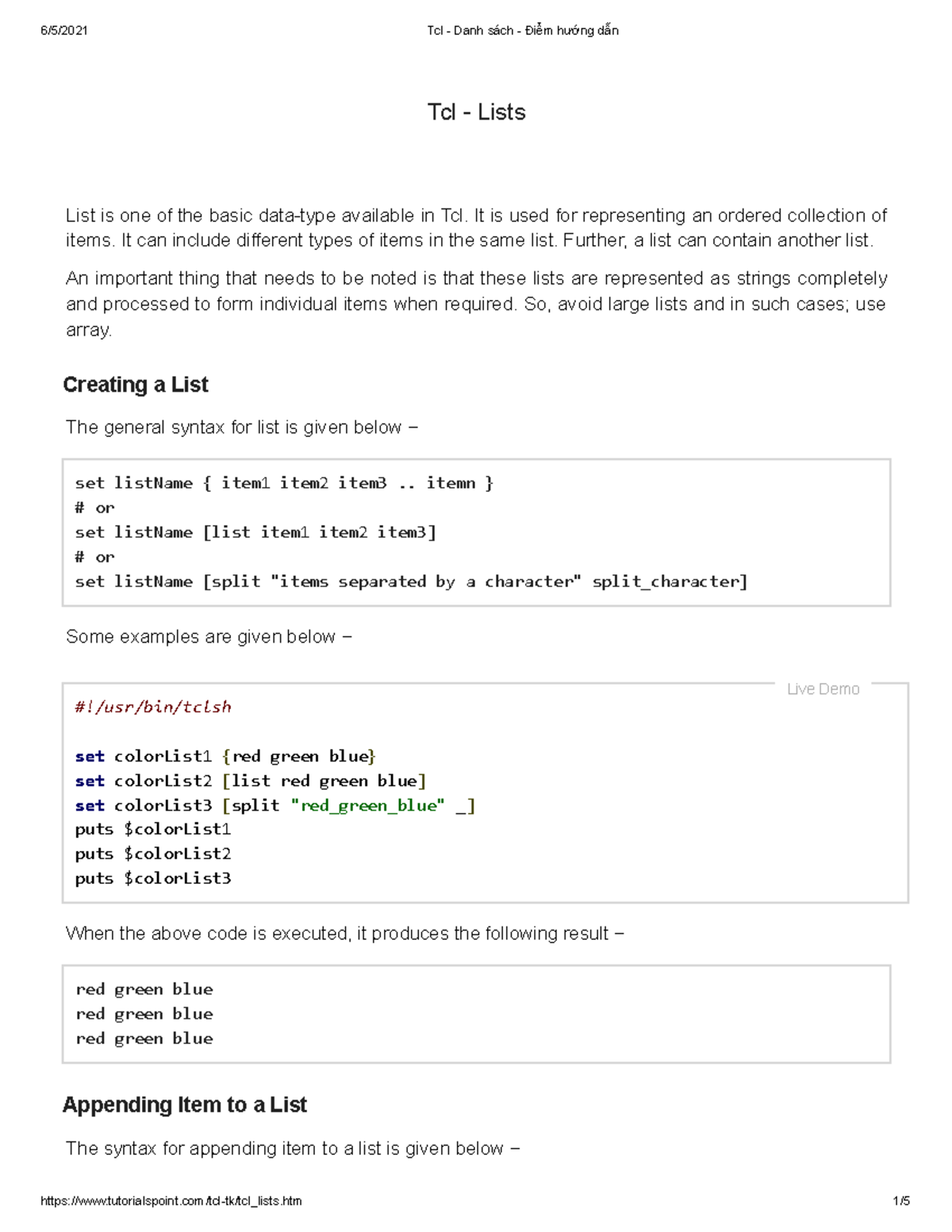 Tcl - Danh sách - Điểm hướng dẫn - Tcl - Lists Tcl - Lists List is one ...