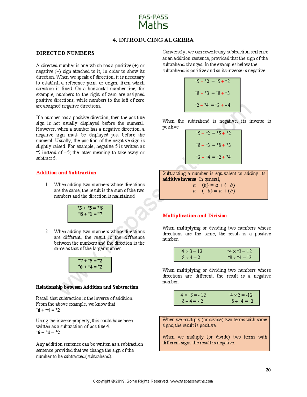 MSG 04 Introducing Algebra - faspassmaths 26 ####### 4. INTRODUCING ALGEBRA DIRECTED NUMBERS A ...