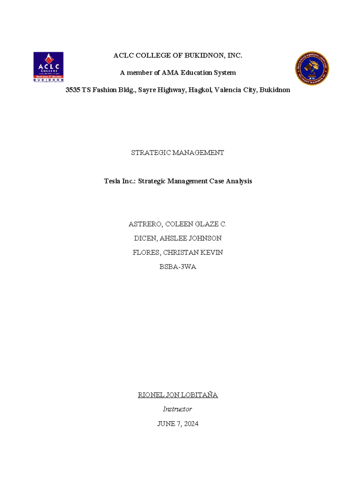 Tesla INC. Case Study - ACLC COLLEGE OF BUKIDNON, INC. A member of AMA ...