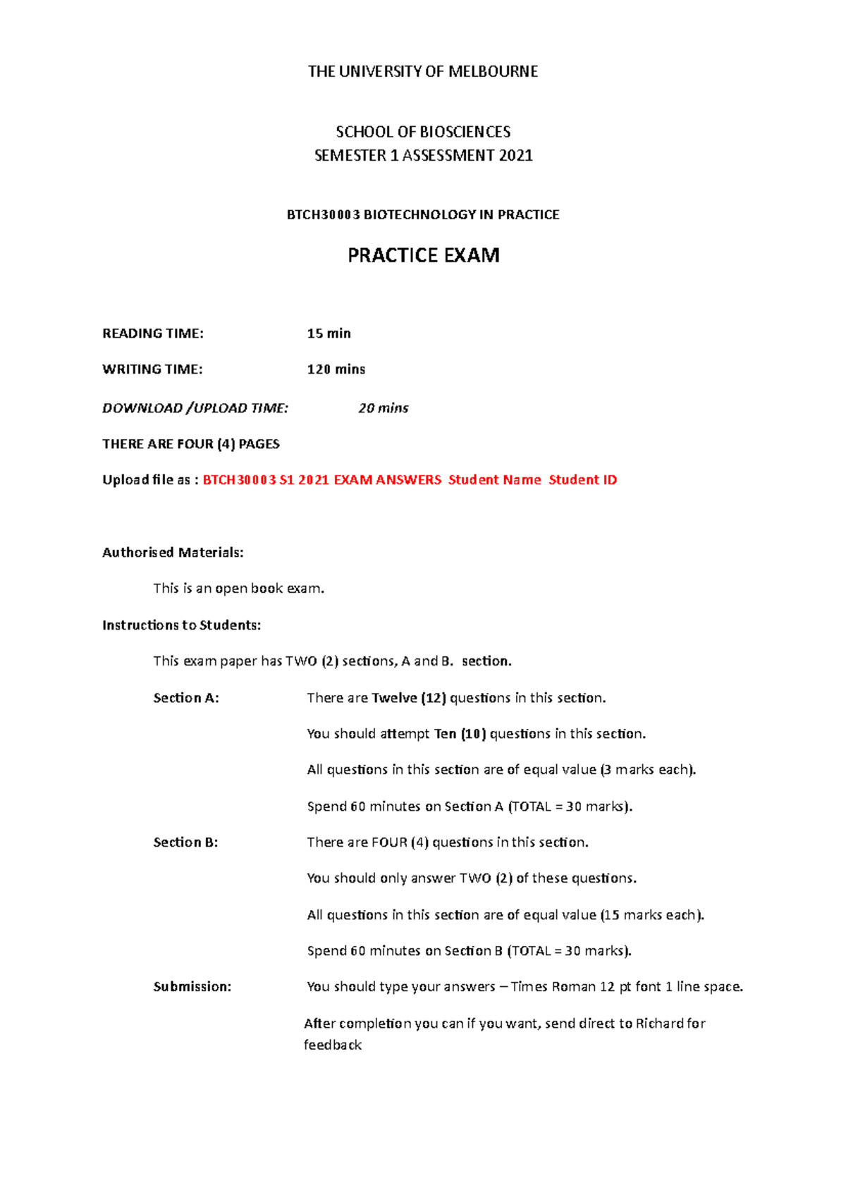 BTCH30003 Biotechnology in Practice S1 2021 Practice exam - SCHOOL OF BIOSCIENCES SEMESTER 1 ...