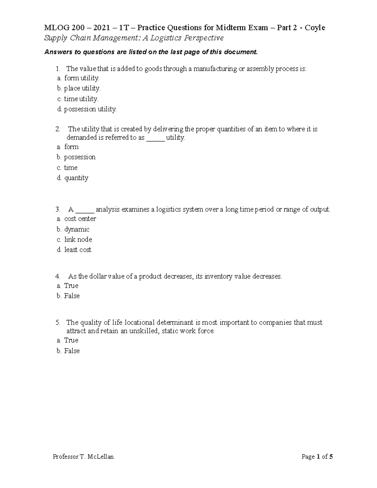 Midterm Practice Questions - Supply Chain Management: A Logistics ...