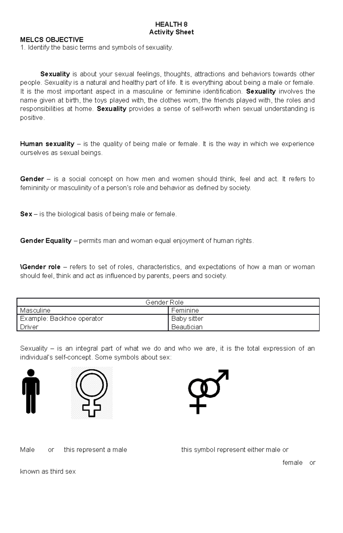 Health 8 activity 1 - HEALTH 8 Activity Sheet MELCS OBJECTIVE Identify ...