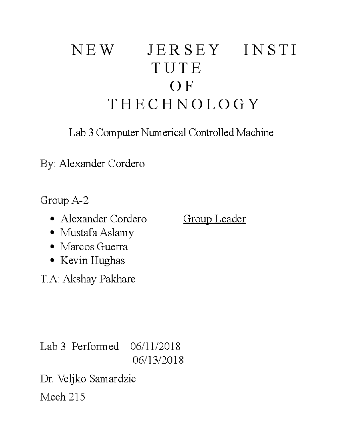 Lab 3 CNC - CNC machines - N E W J E R S E Y I N S T I T U T E O F T H ...