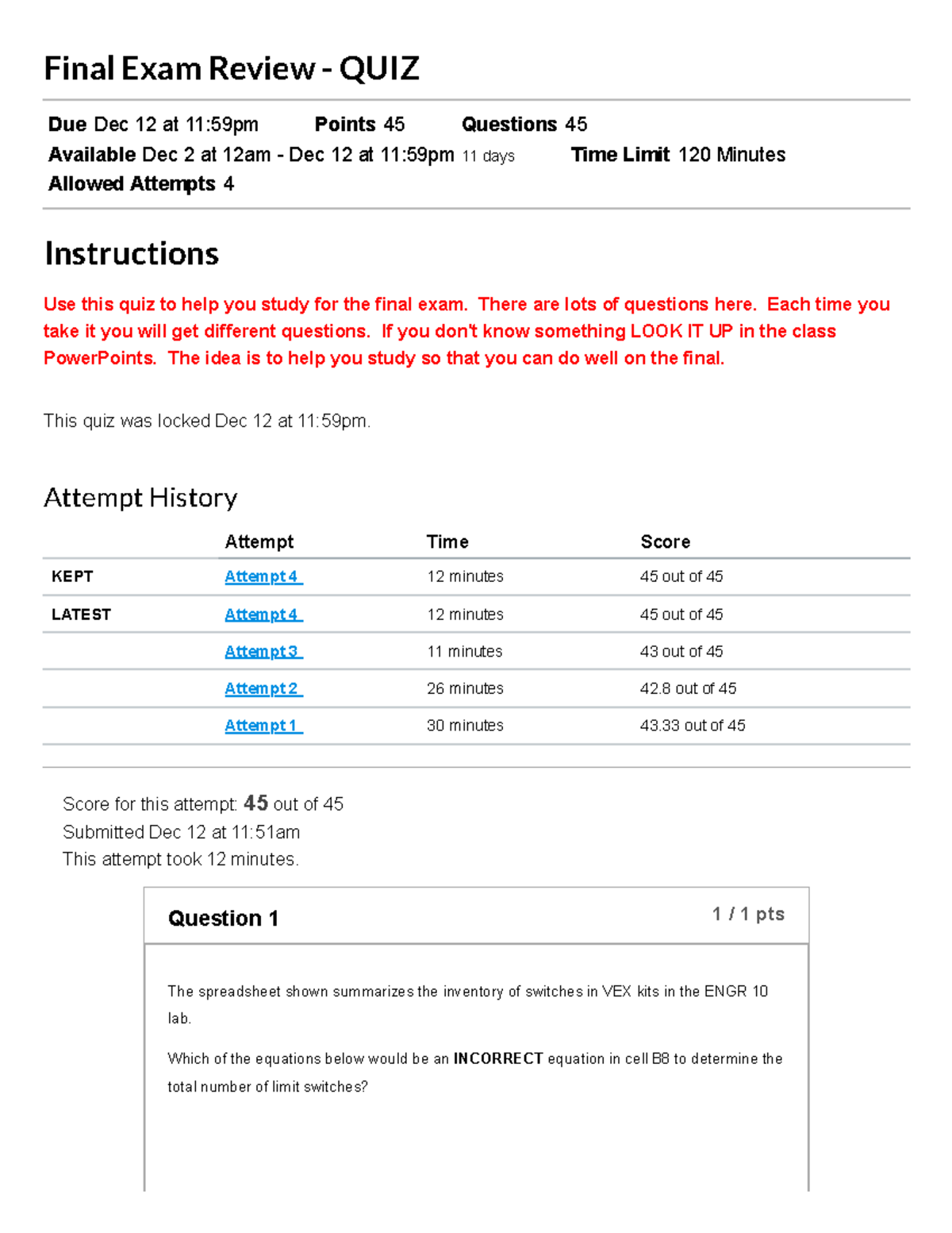 Final Exam Review QUIZ FA19 ENGR 10 Sections 01 and 02 Intro to Engr - Final Exam Review - QUIZ ...