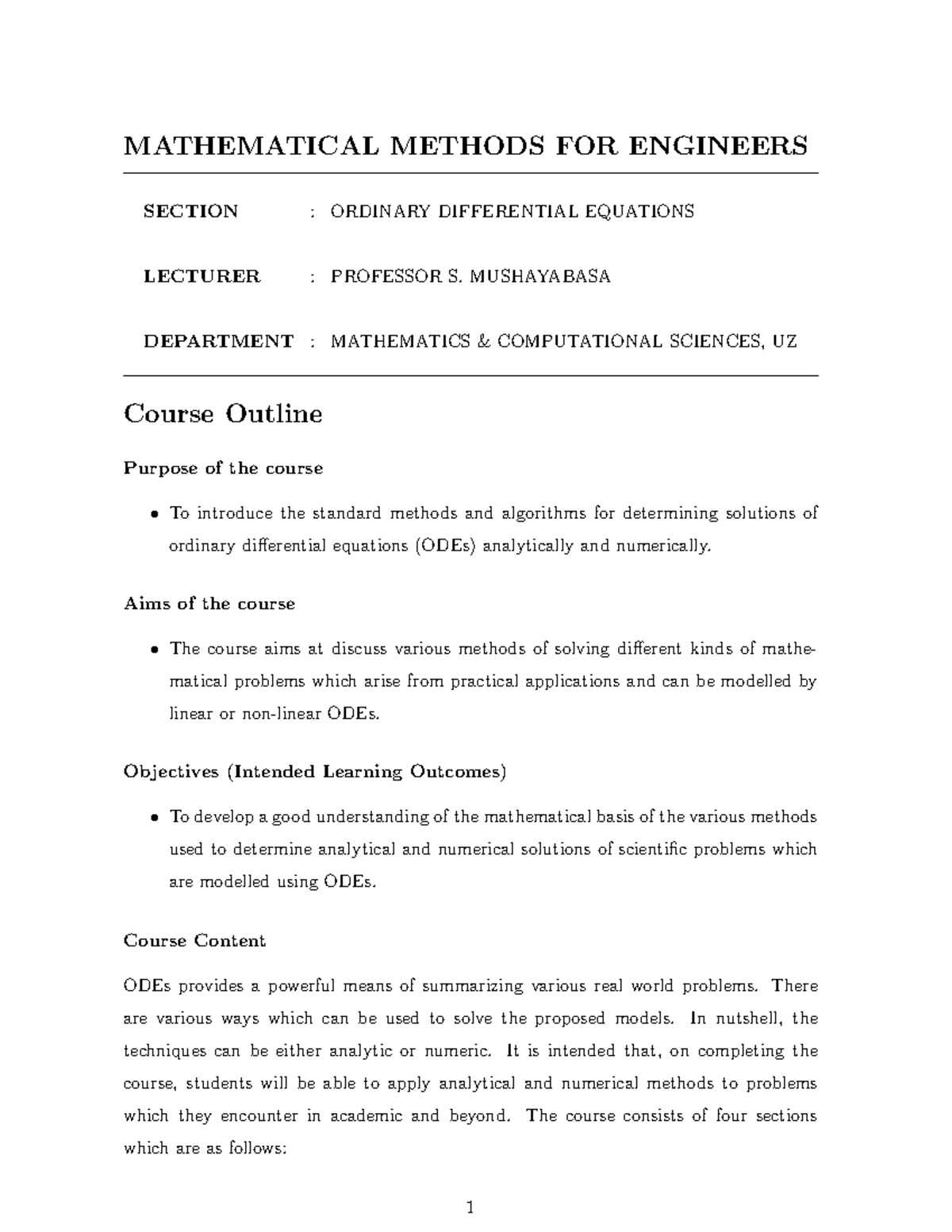 Lecture notes ODE - MATHEMATICAL METHODS FOR ENGINEERS SECTION ...