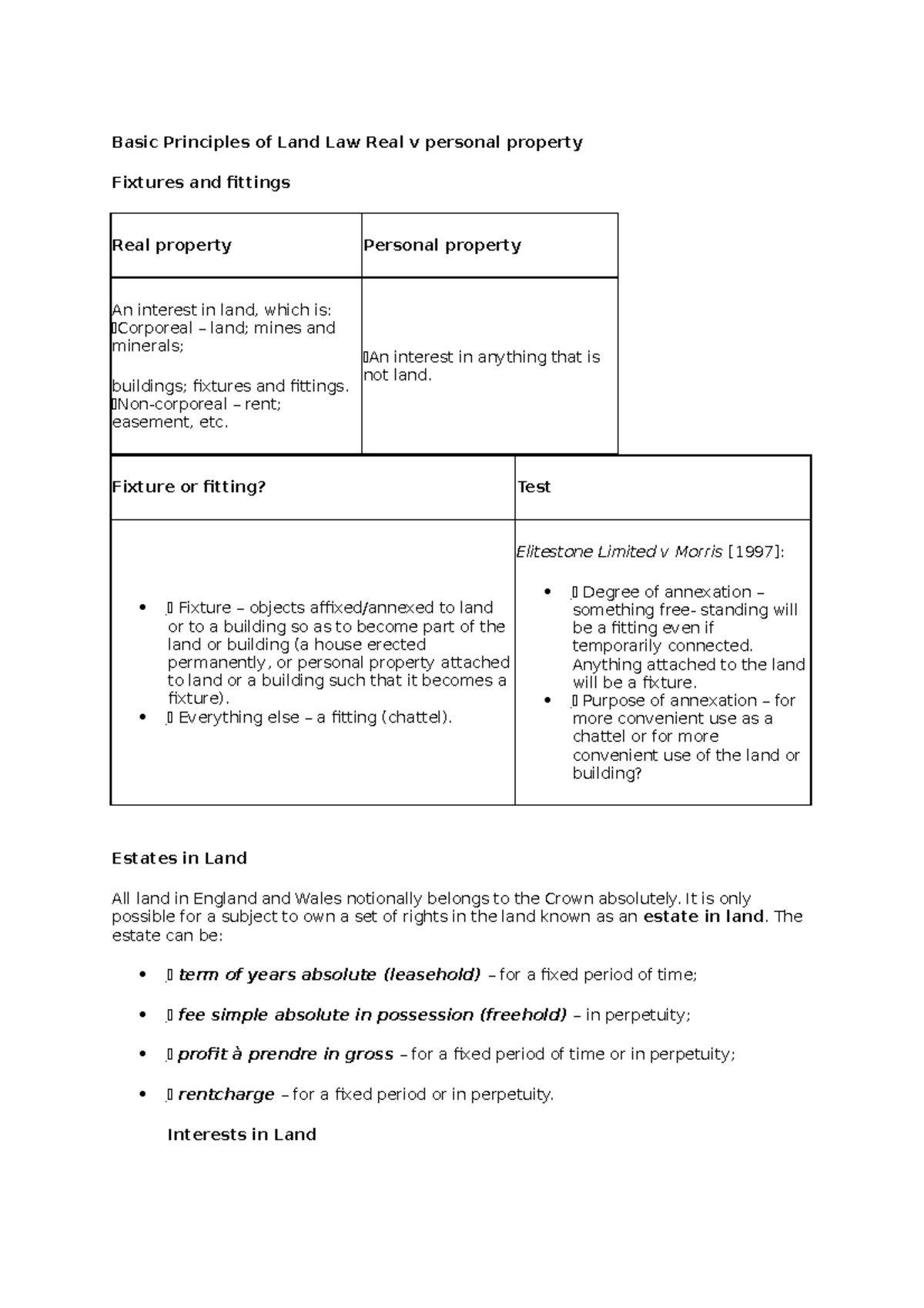 Basic Principles of Land Law Real v personal property - Non-corporeal ...