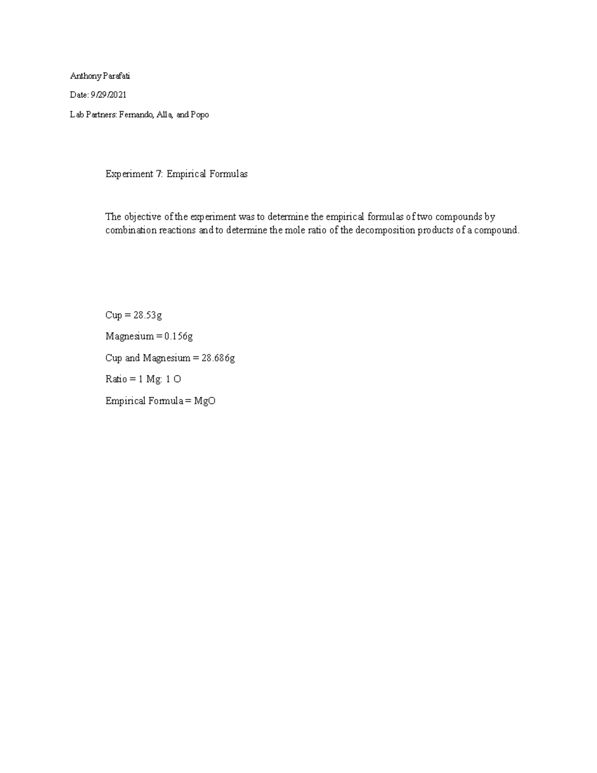 Experiment 7 Lab Report - Anthony Parafati Date: 9/29/ Lab Partners ...