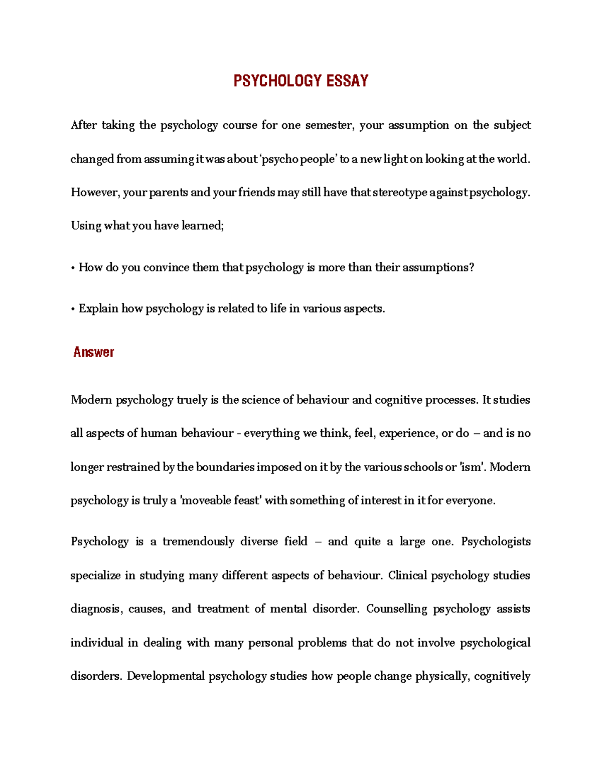 Psychology Essay 70 - Grade: A+ - PSYCHOLOGY ESSAY After taking the ...