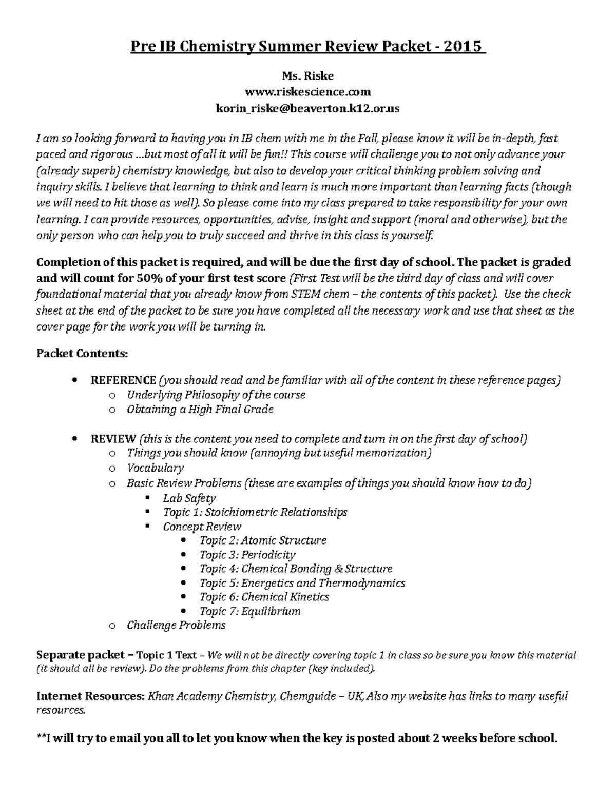 Summer review for ib chemistry - Pre IB Chemistry Summer Review Packet ...