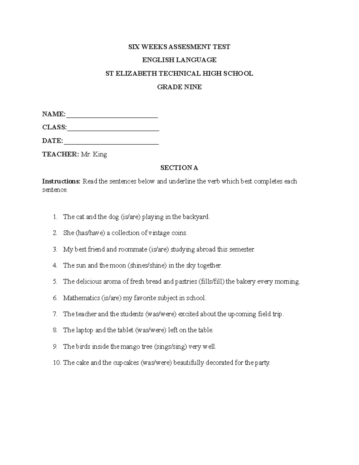 Grade 9 SWAT - notes - SIX WEEKS ASSESMENT TEST ENGLISH LANGUAGE ST ...