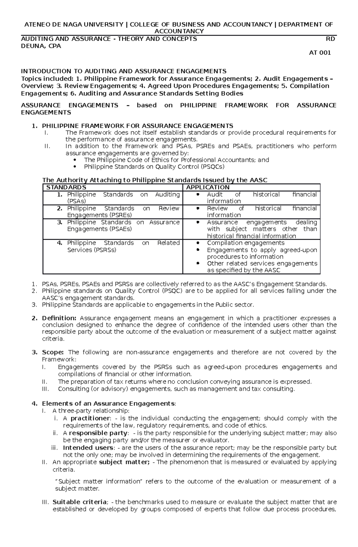 AUT - 001 - Introduction to Auditing and Assurance Engagements - ATENEO ...