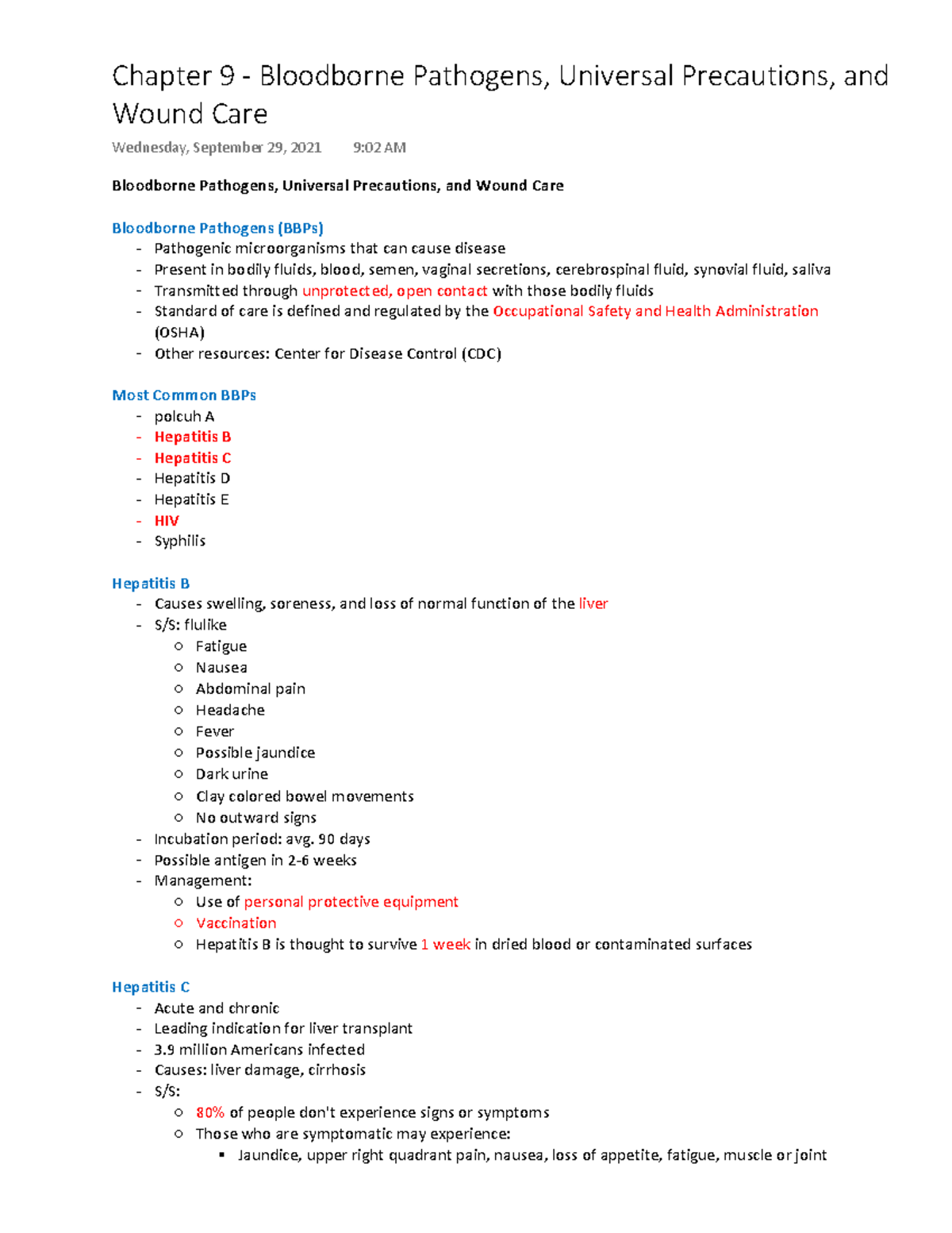 Kines 266 CH9 - Lecture notes from class - Bloodborne Pathogens ...