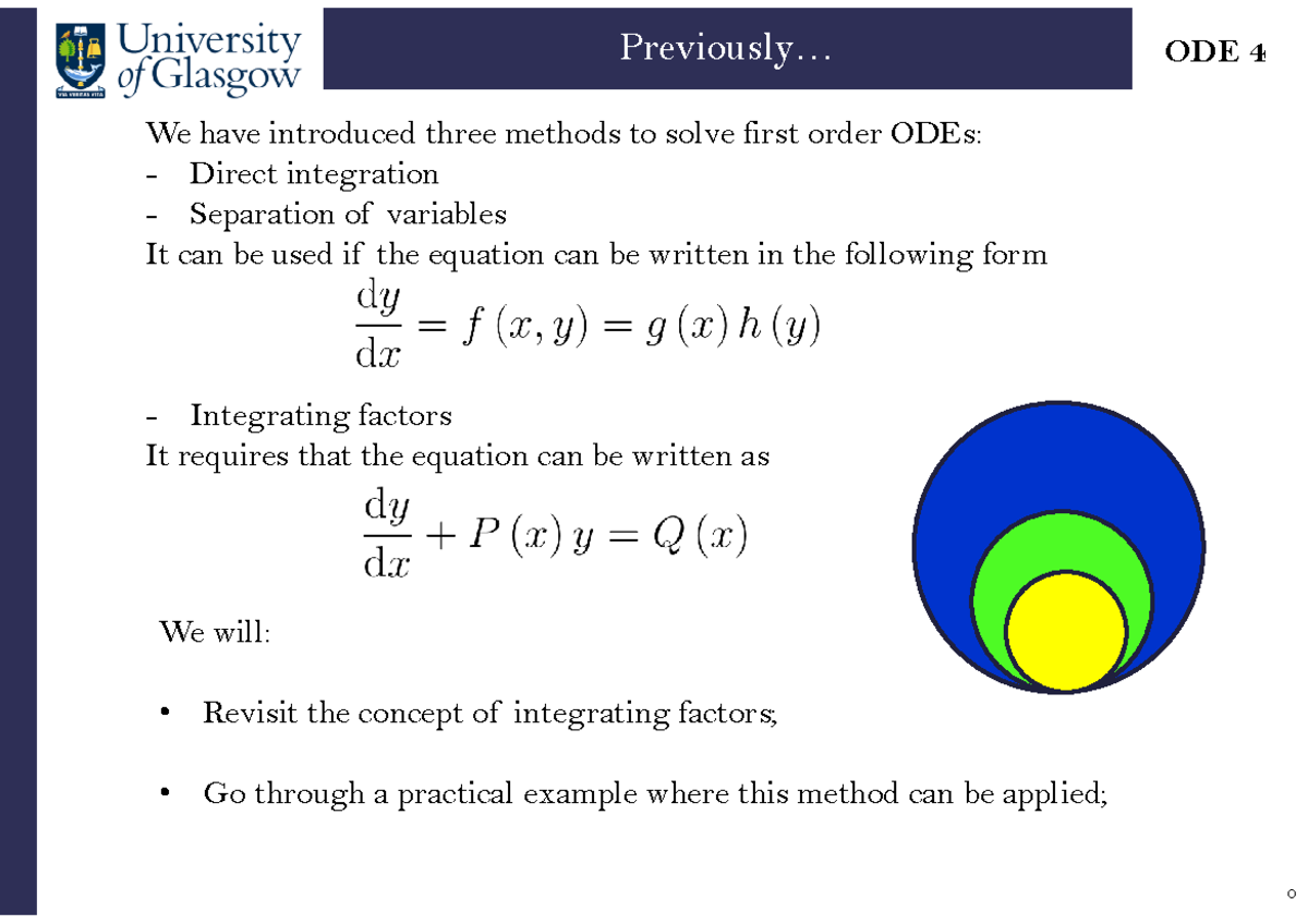 ODE 4 - lecture - Previously... ODE 4 We have introduced three methods ...