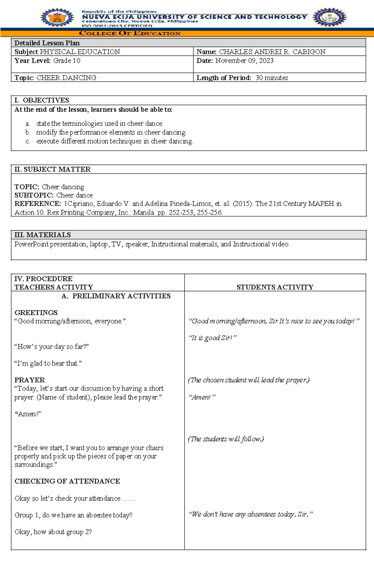 Detailed-Lesson-Plan - Detailed Lesson Plan Subject PHYSICAL EDUCATION ...