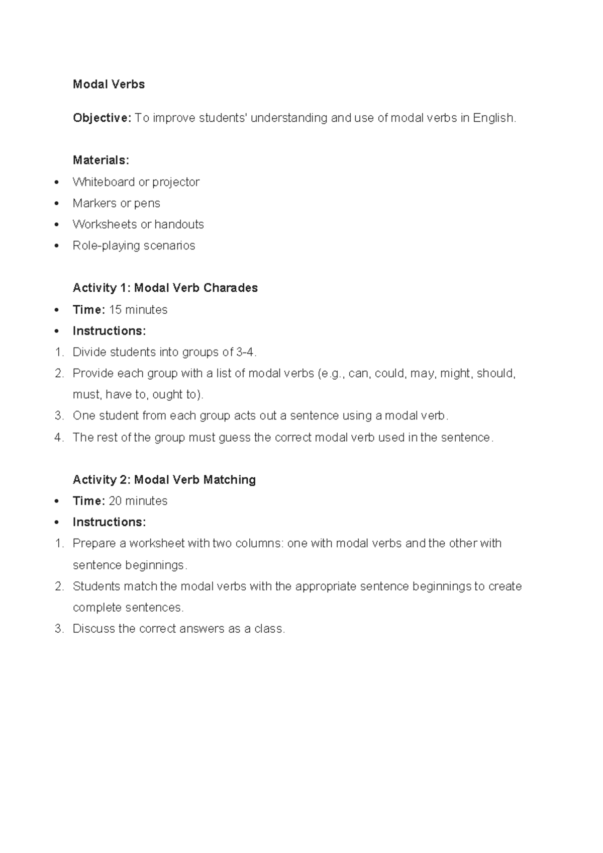 Modal Verbs Group Activities - Modal Verbs Objective: To improve ...