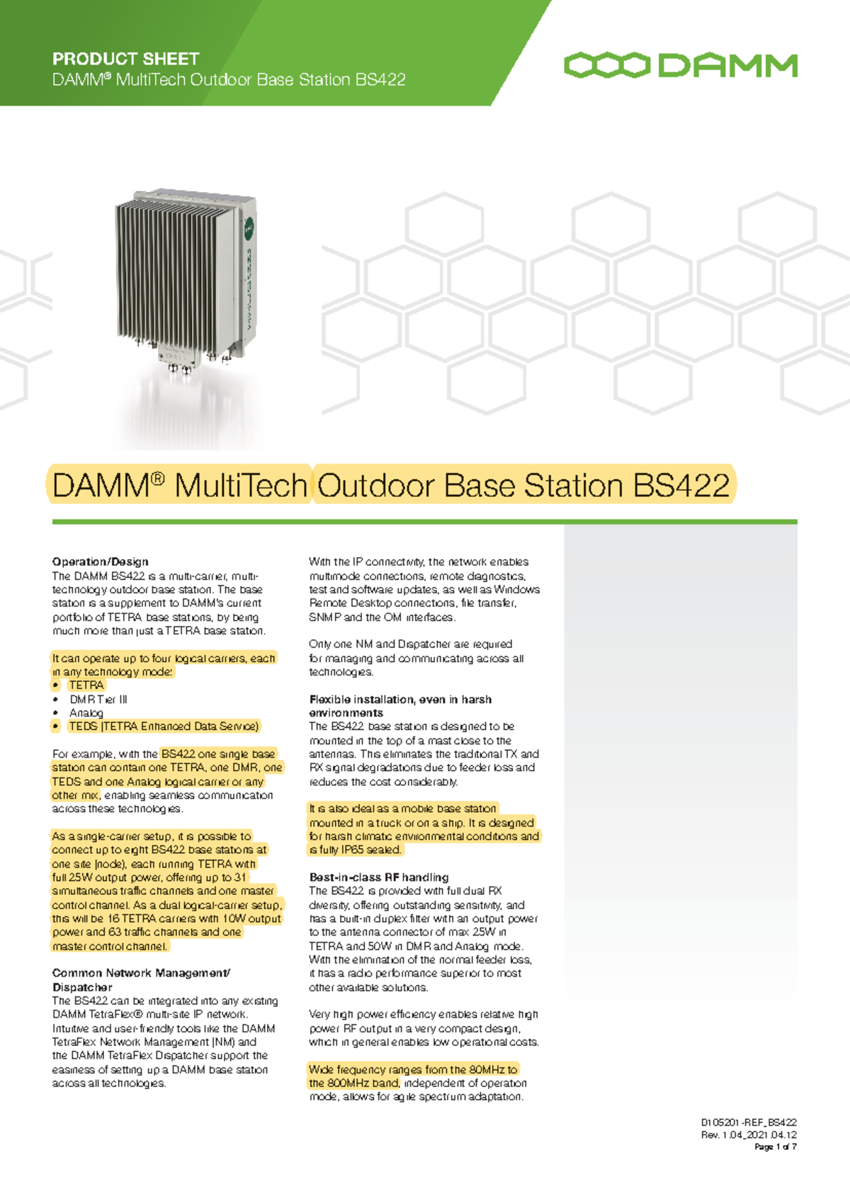 BS422 DAMM Multi Tech Outdoor Base Station - D105201-REF_BS Rev. 1.04 ...