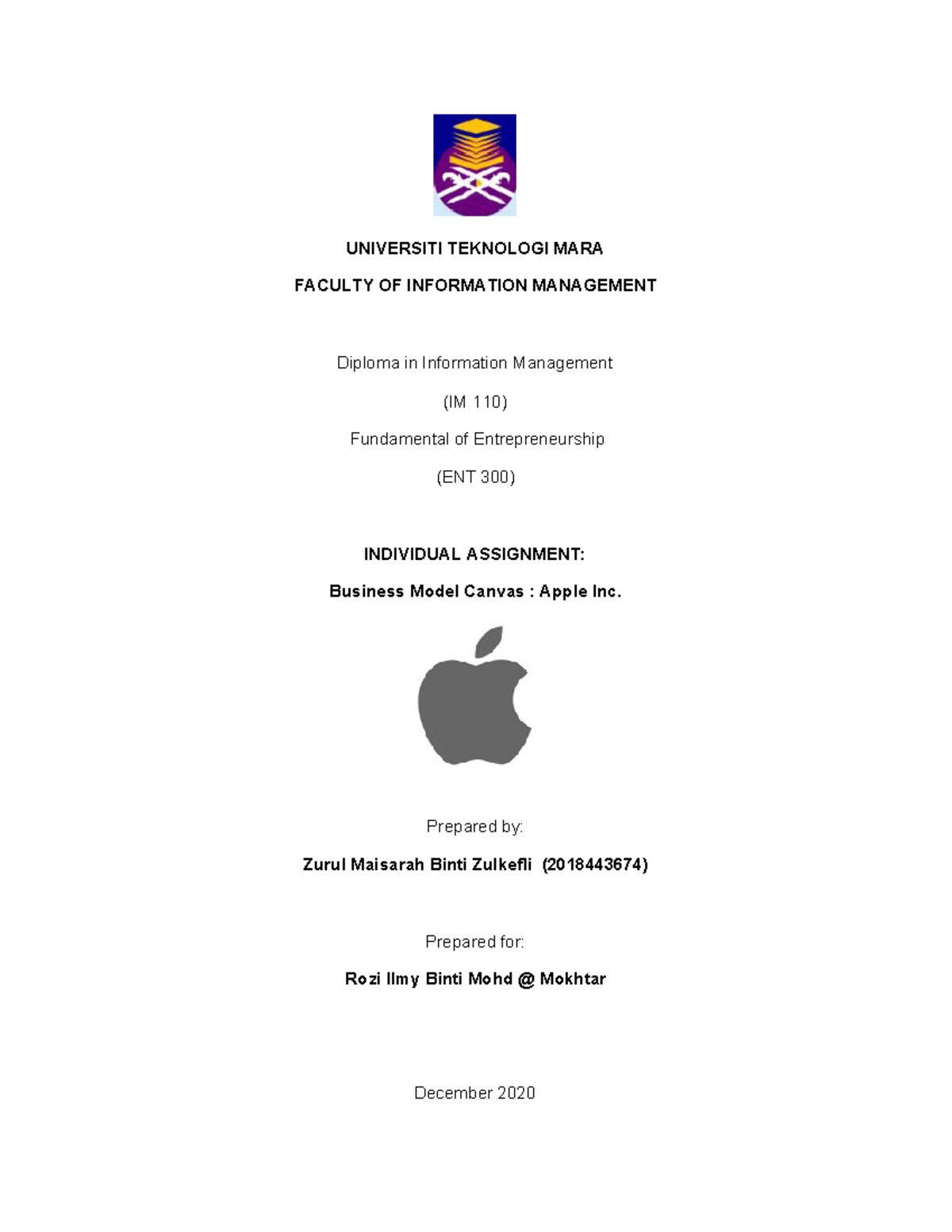 BMC ENT300 Apple Inc - UNIVERSITI TEKNOLOGI MARA FACULTY OF INFORMATION ...