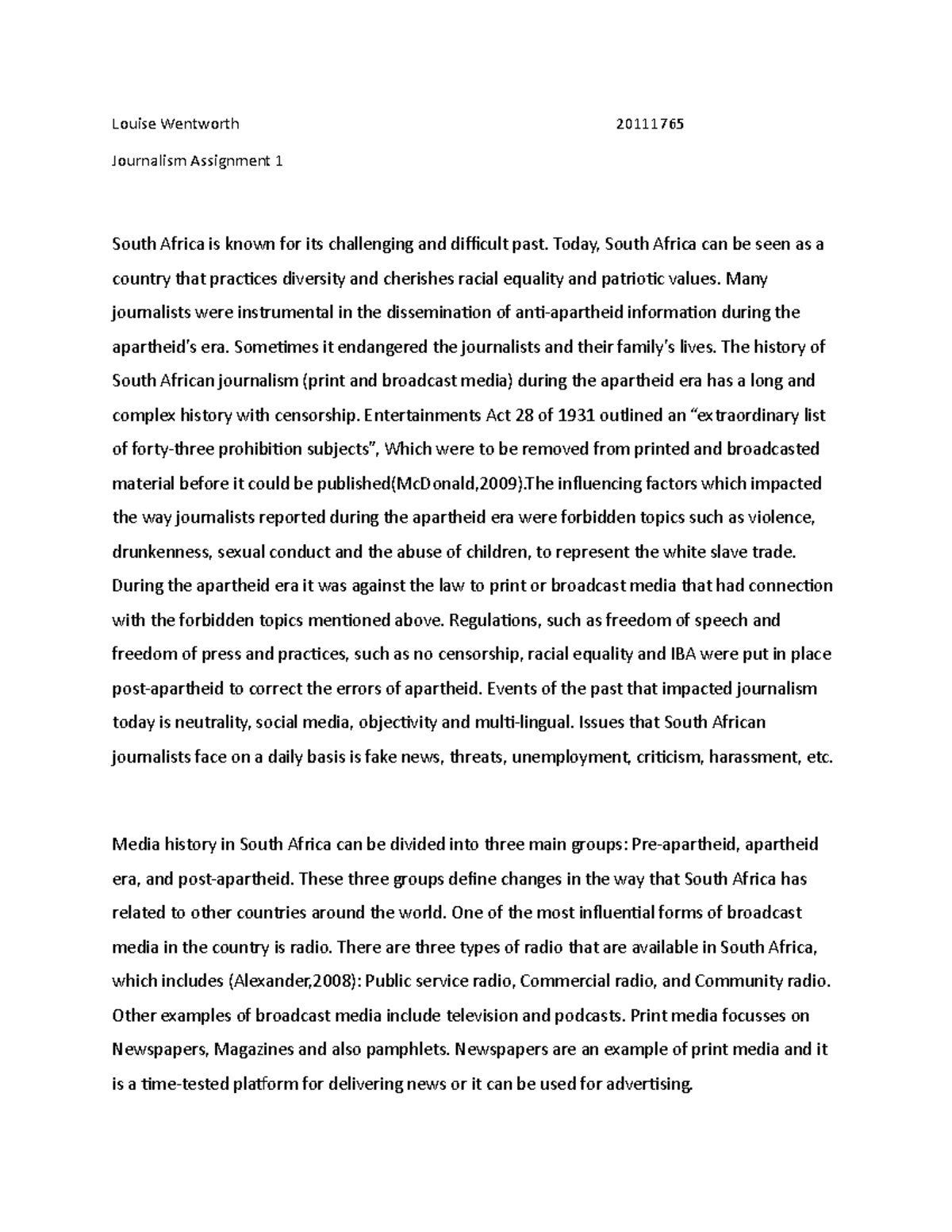 Journalism assignment 1 final - Louise Wentworth 20111765 Journalism ...